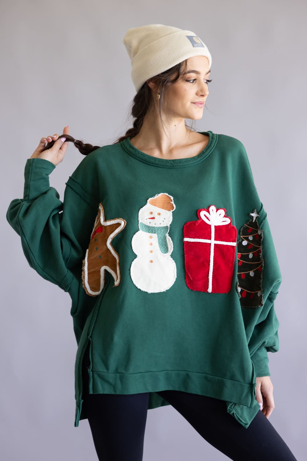 Corduroy Christmas Patchwork Crew Neck for Women in Hunter Green | IFK ...
