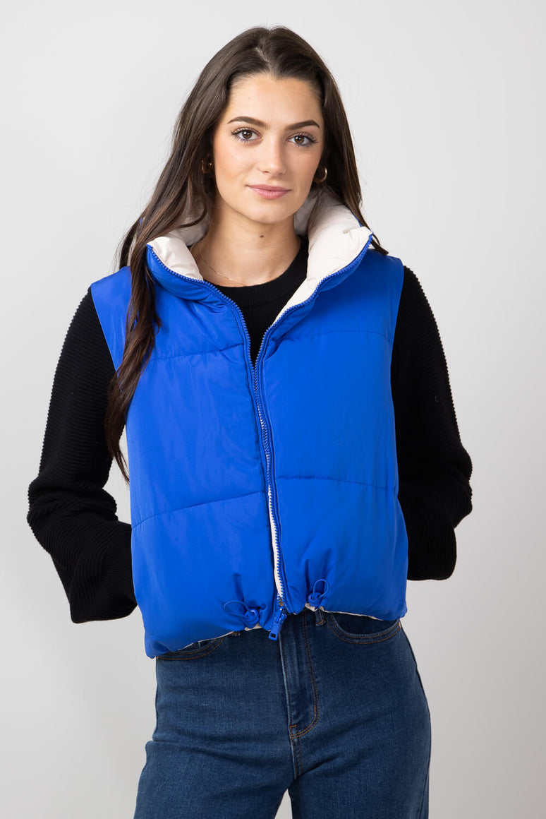 Love Tree Cropped Reversible Puffer Vest for Women in Blue/Beige | 507 ...