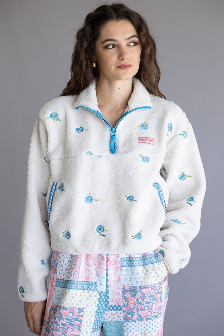 Simply Southern Taylor ½ Zip Blue Flower Pullover for Women in Cream ...