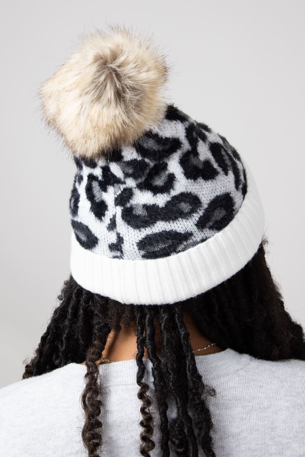 C.C. Leopard Pom-Pom Beanie for Women in Ivory | HAT-2061-IVORY – Glik's