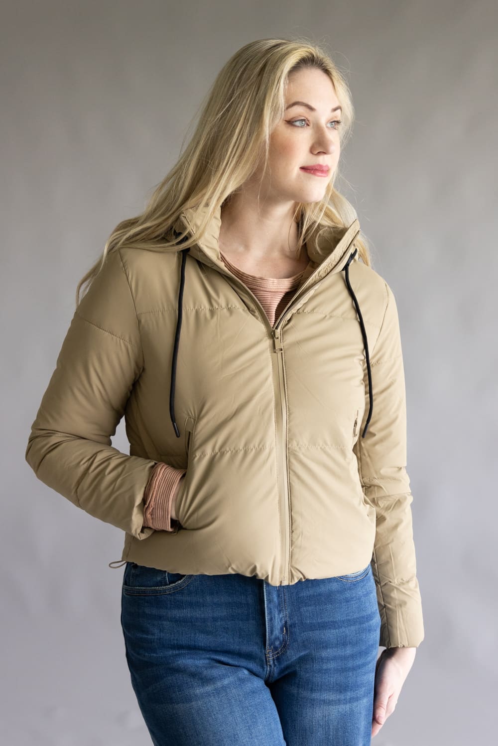 Love Tree Hooded Puffer Coat for Women in Khaki | 80349JN-KHAKI – Glik's