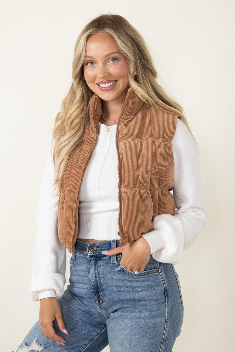 Love Tree Cropped Corduroy Puffer Vest for Women in Brown | 5101VH-CAM – Glik's