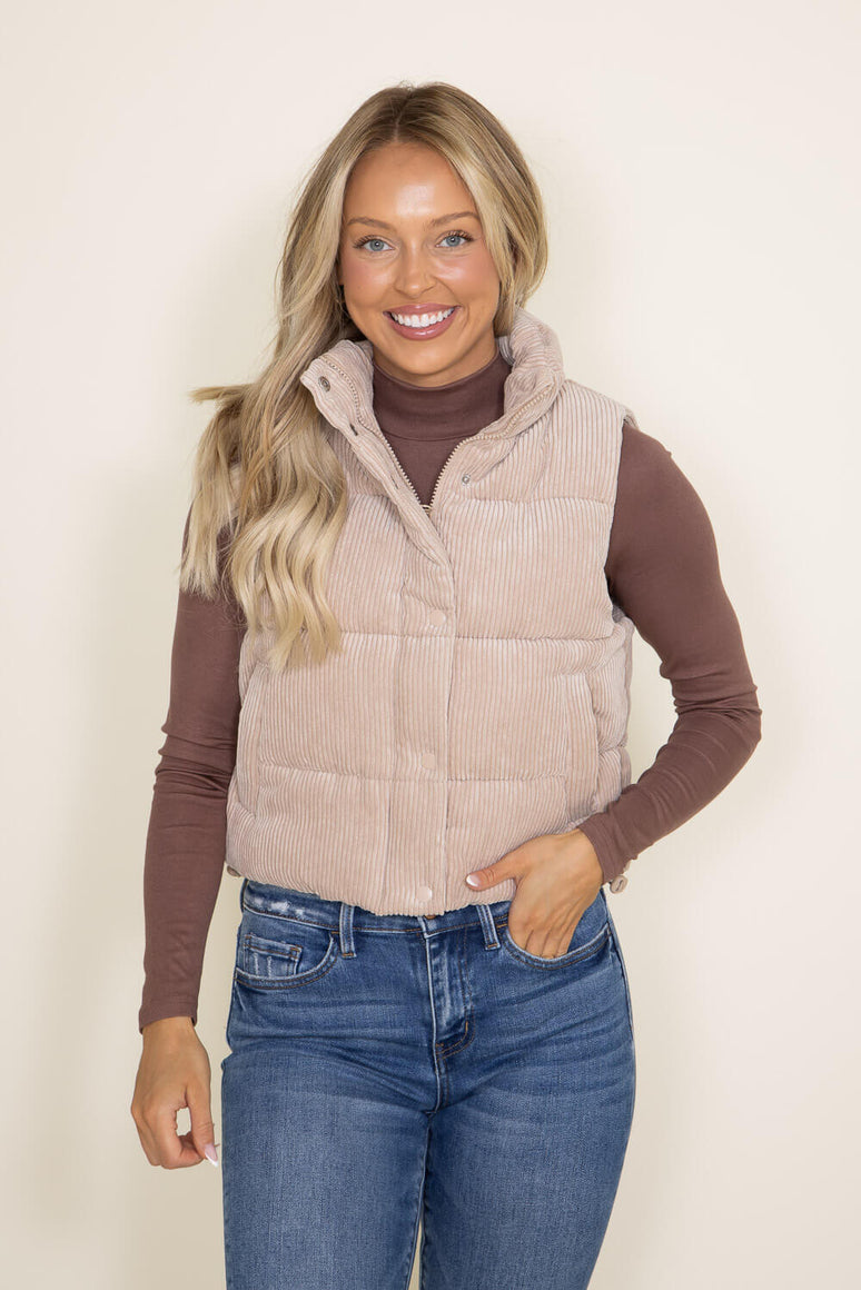 Love Tree Cropped Corduroy Puffer Vest for Women in Khaki | 5100VH-KHA ...
