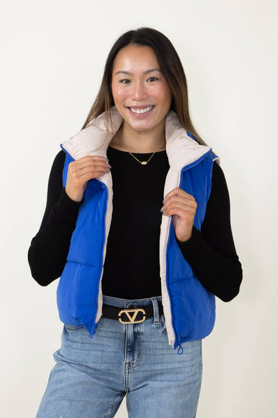 Love Tree Cropped Reversible Puffer Vest for Women in Blue/Beige | 507 ...