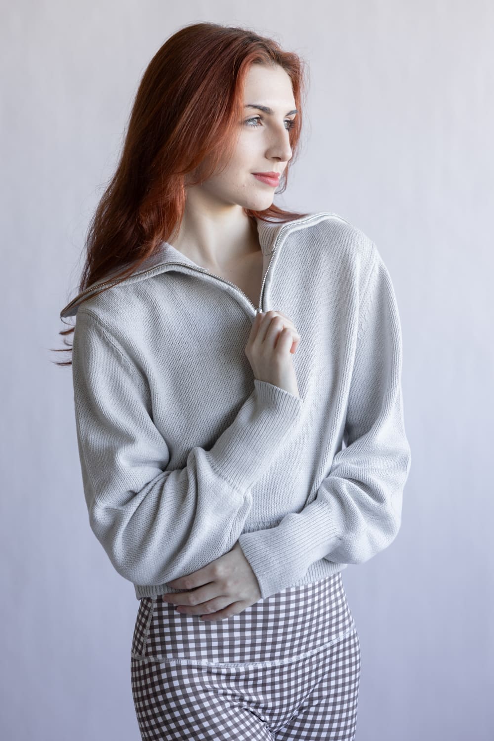 Quarter Zip Crop Sweater for Women in White Heather Grey | PF5S27844-W ...