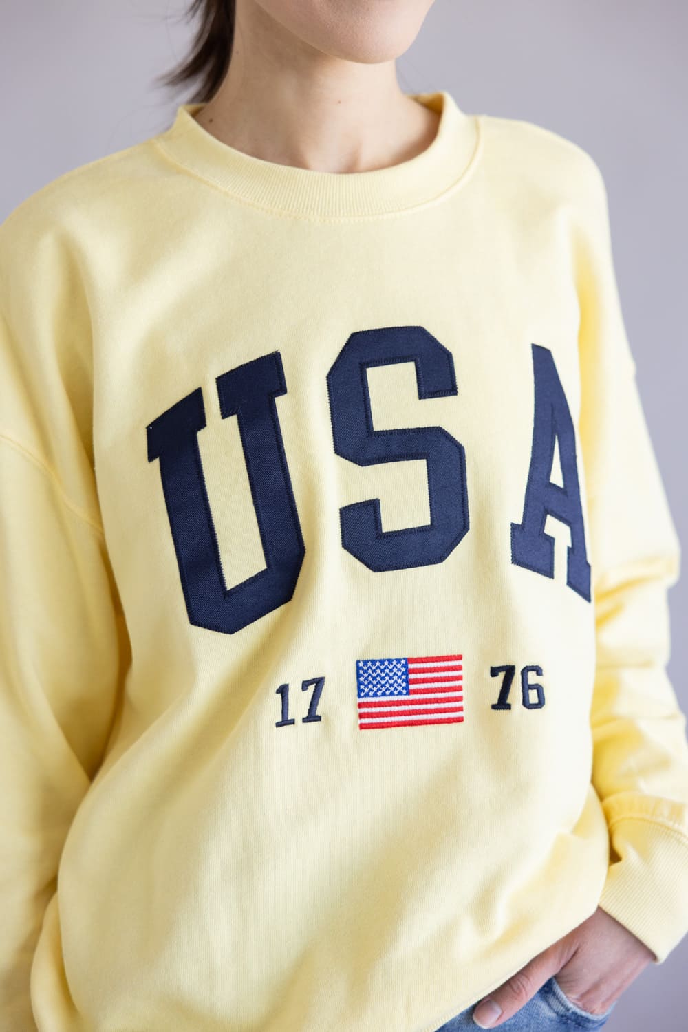 Embroidered USA 1776 Crewneck for Women in Yellow | T1135-LTYELLOW – Glik's