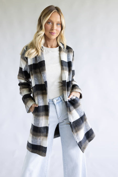 Love Tree One Button Plaid Long Coat for Women in Combo Black | 80333J ...