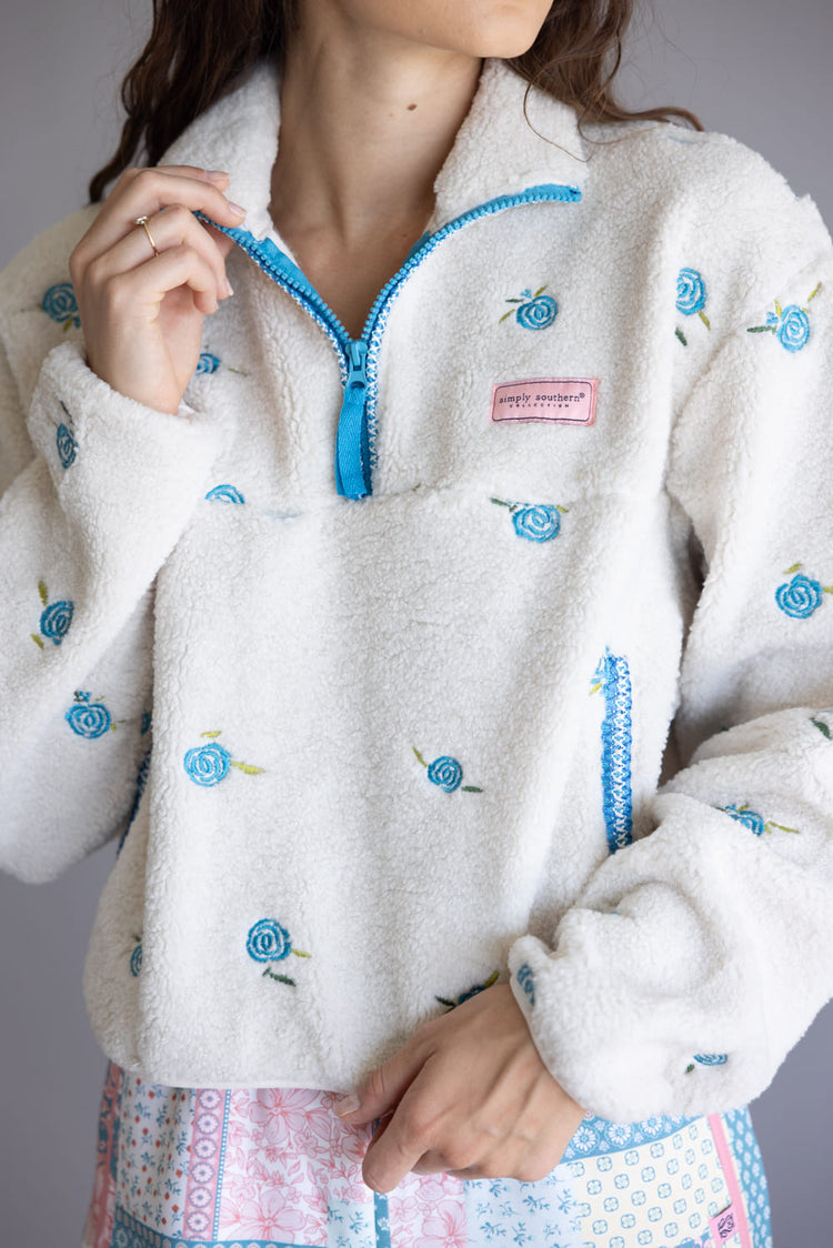 Simply Southern Taylor ½ Zip Blue Flower Pullover for Women in Cream ...