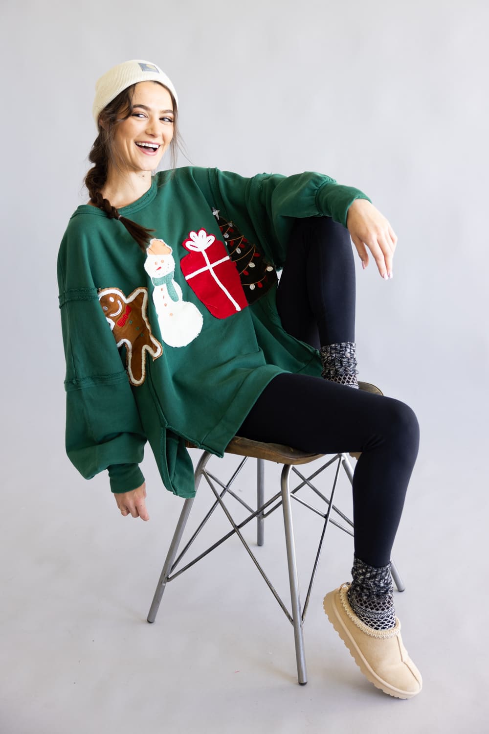 Corduroy Christmas Patchwork Crew Neck for Women in Hunter Green | IFK ...