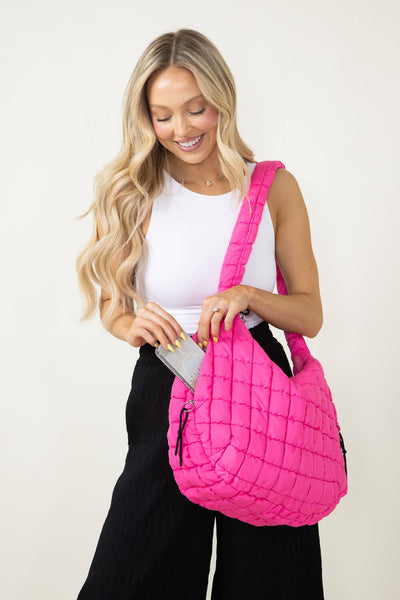 Large Quilted Puffer Bag for Women in Hot Pink | PB9801-HOTPINK – Glik's
