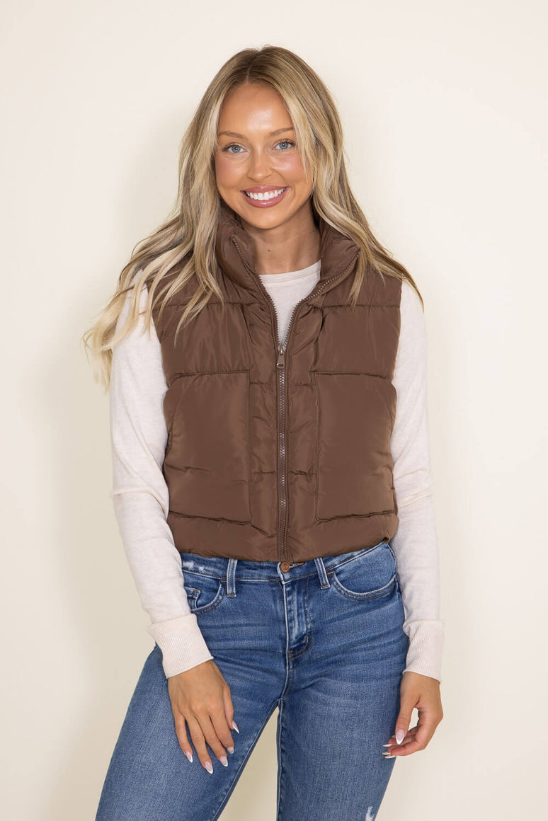 Love Tree Cropped Puffer Vest for Women in Brown | 5073VM-COCOA – Glik's