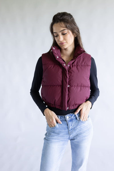 Love Tree Cropped Puffer Vest for Women in Burgundy | 5137VN-BURGUNDY ...