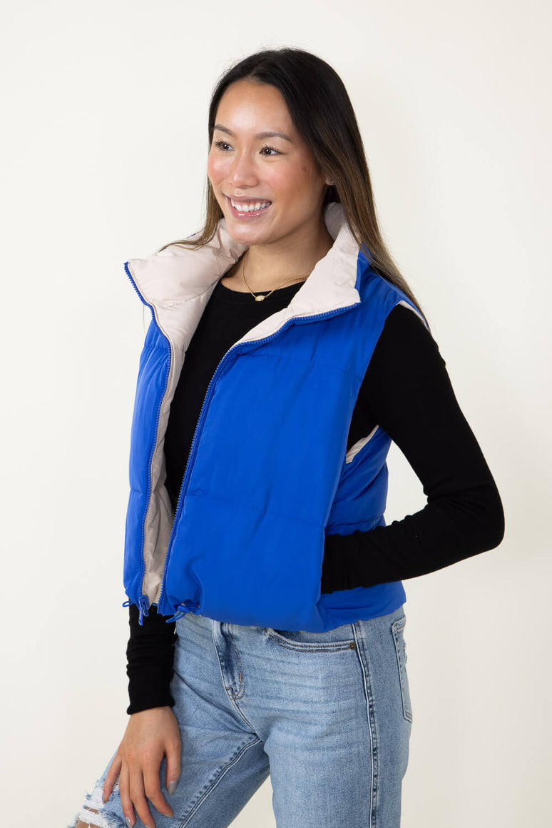 Love Tree Cropped Reversible Puffer Vest for Women in Blue/Beige | 507 ...