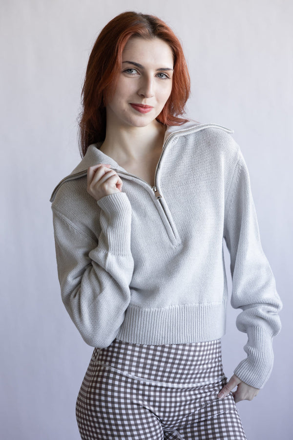 Quarter Zip Crop Sweater for Women in White Heather Grey | PF5S27844-W ...