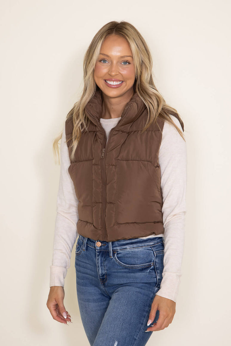 Love Tree Cropped Puffer Vest for Women in Brown | 5073VM-COCOA – Glik's