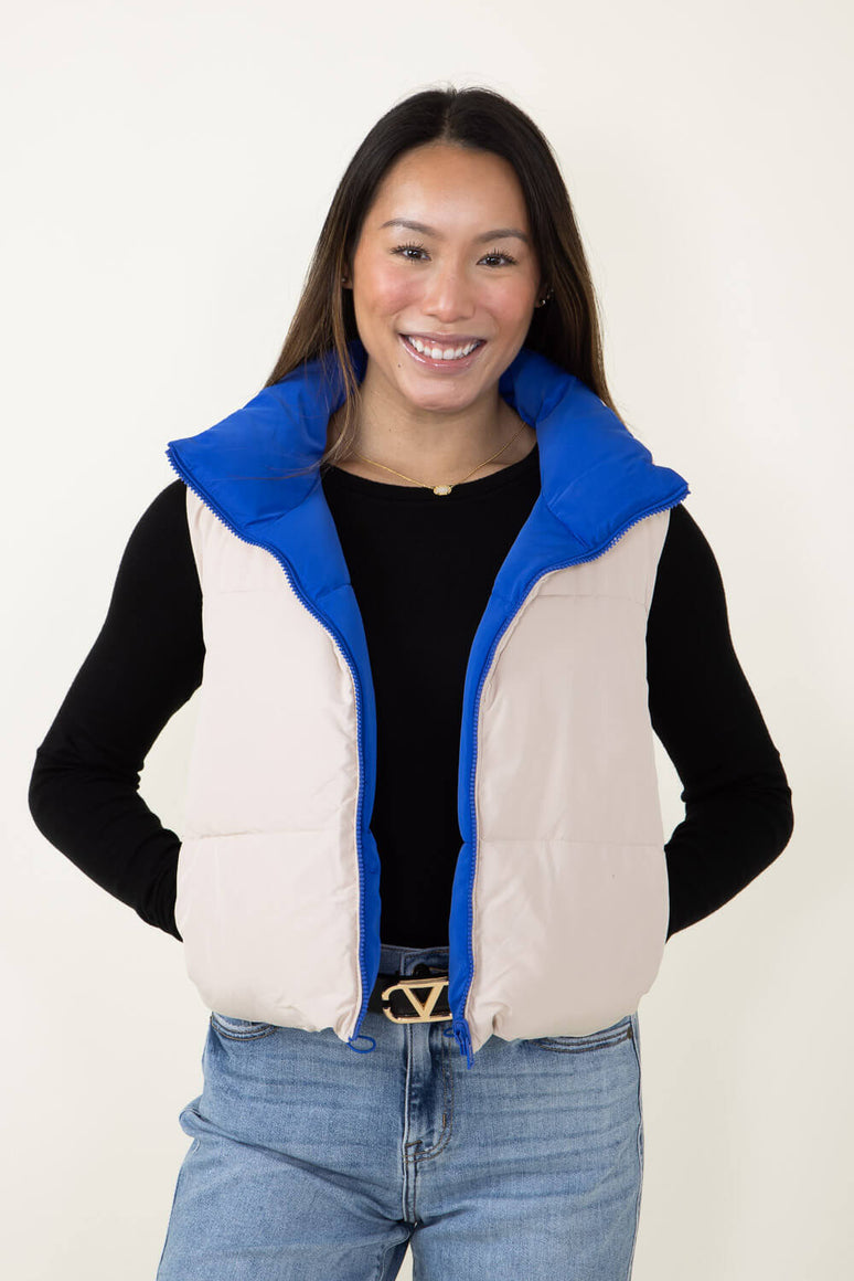 Love Tree Cropped Reversible Puffer Vest for Women in Blue/Beige | 507 ...