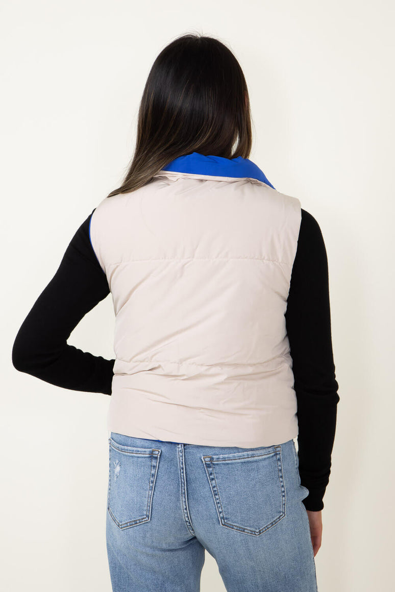 Love Tree Cropped Reversible Puffer Vest for Women in Blue/Beige | 507 ...