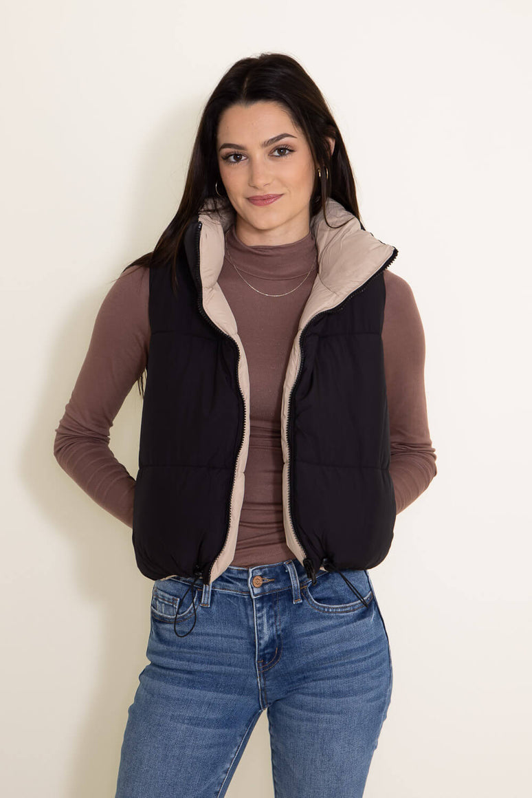 Love Tree Cropped Reversible Puffer Vest for Women in Black/Beige | 50 ...