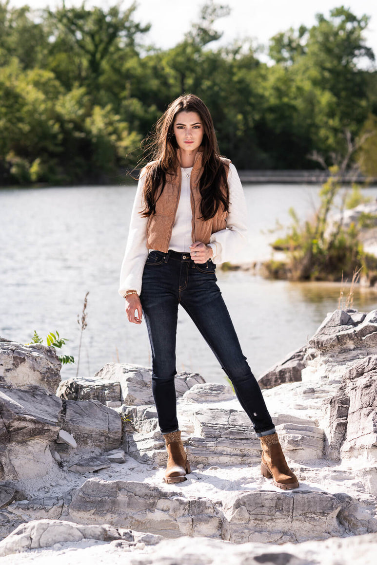 Love Tree Cropped Corduroy Puffer Vest for Women in Brown | 5101VH-CAM – Glik's