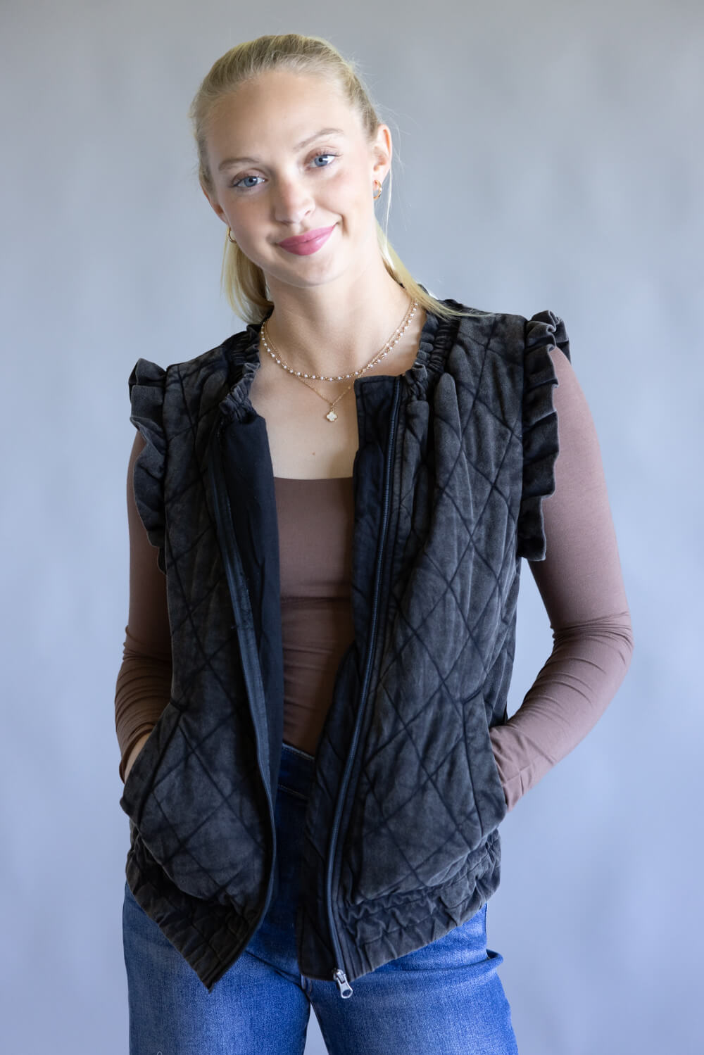 Katydid Garment Washed Quilted Ruffle Sleeve Vest for Women – Glik's