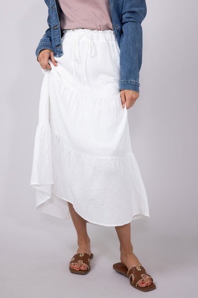 Tiered Gauze Drawstring Midi Skirt for Women in White | NS50130-WHITE ...